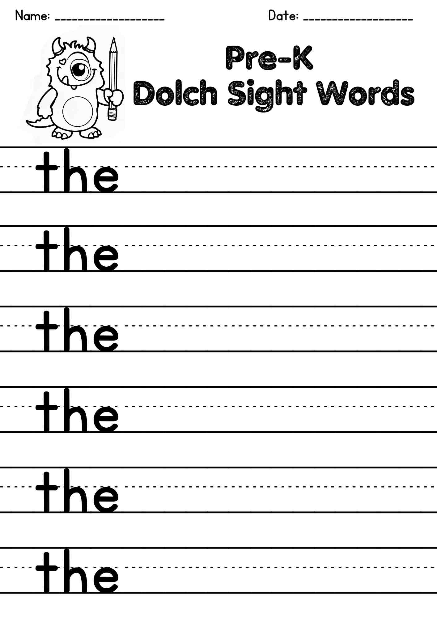 "the" Dolch Sight Word Writing Worksheets – Free PDF Download for Early ...