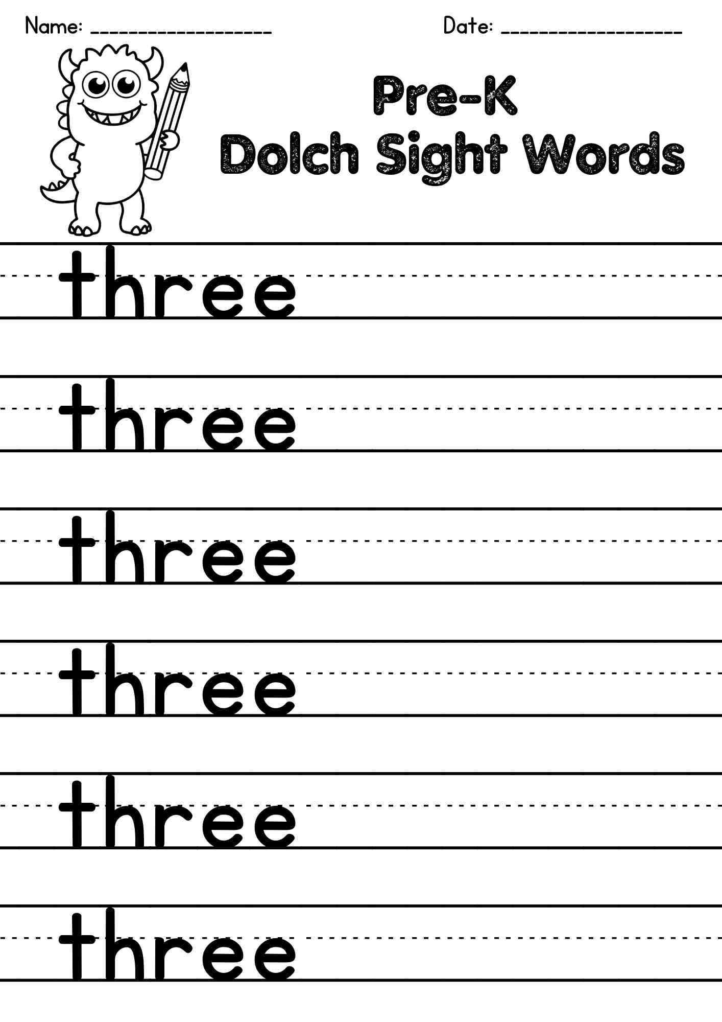 "three" Dolch Sight Word Writing Worksheets – Free PDF Download for ...