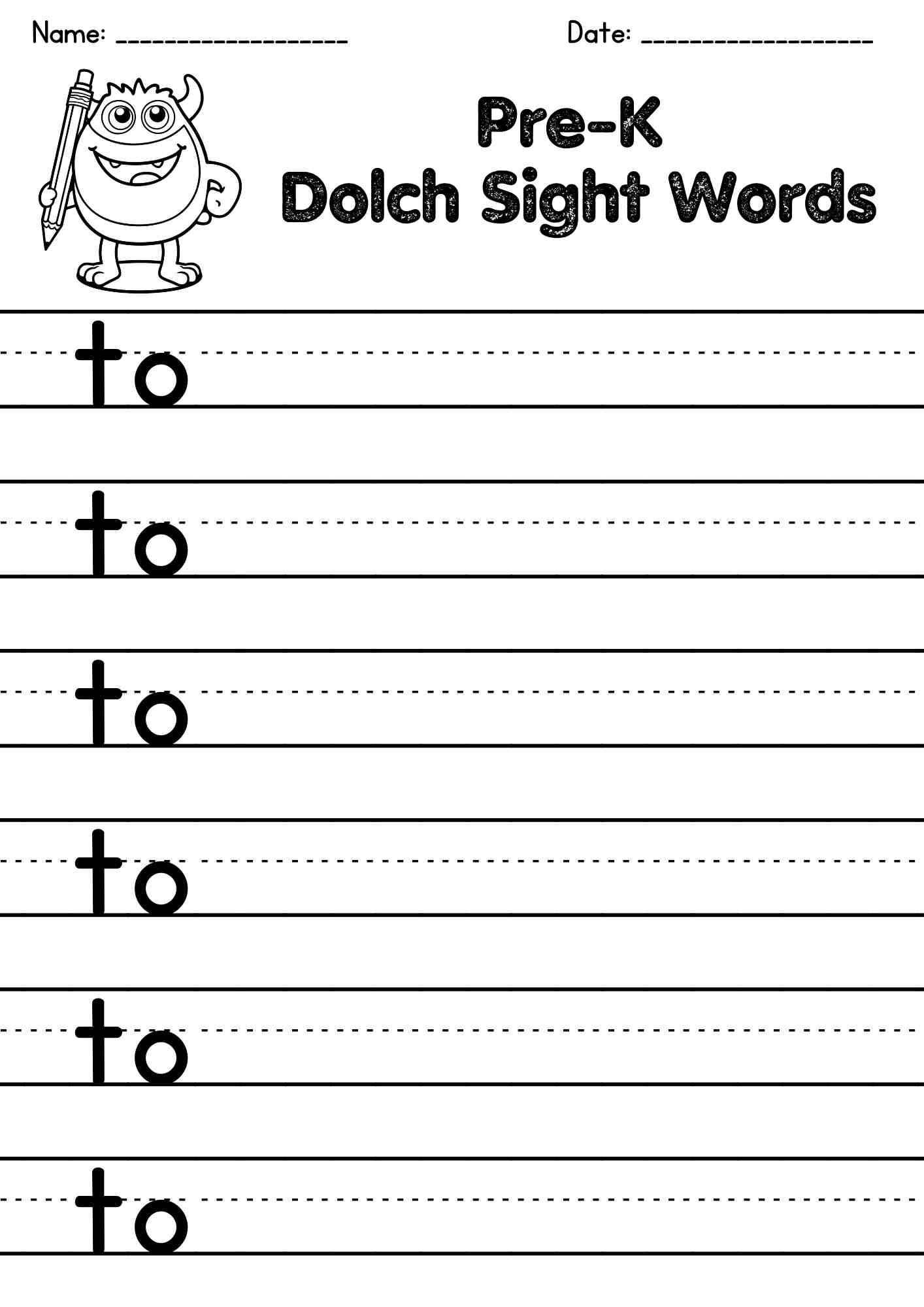 "to" Dolch Sight Word Writing Worksheets – Free PDF Download for Early ...