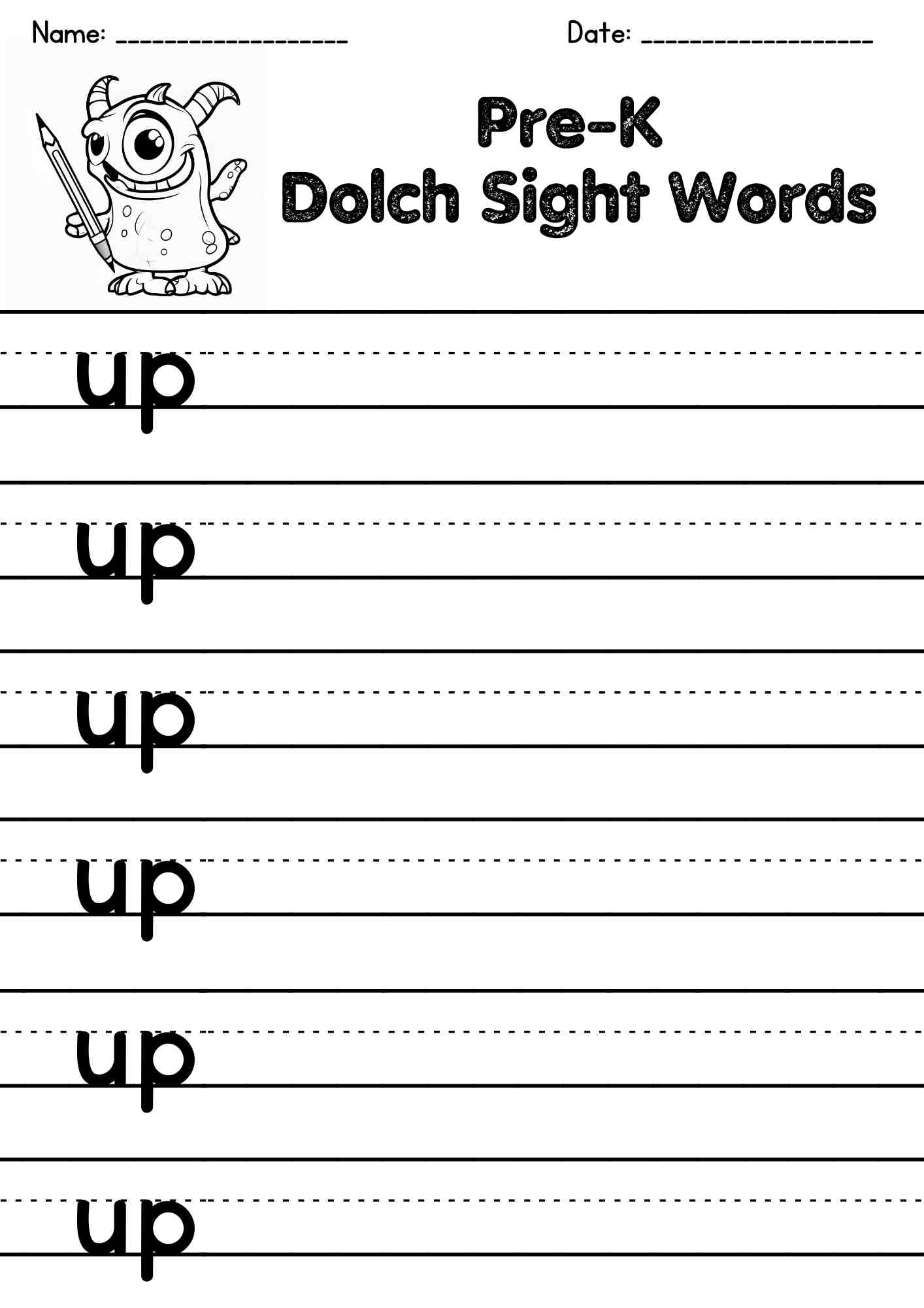 "up" Dolch Sight Word Writing Worksheets – Free PDF Download for Early ...