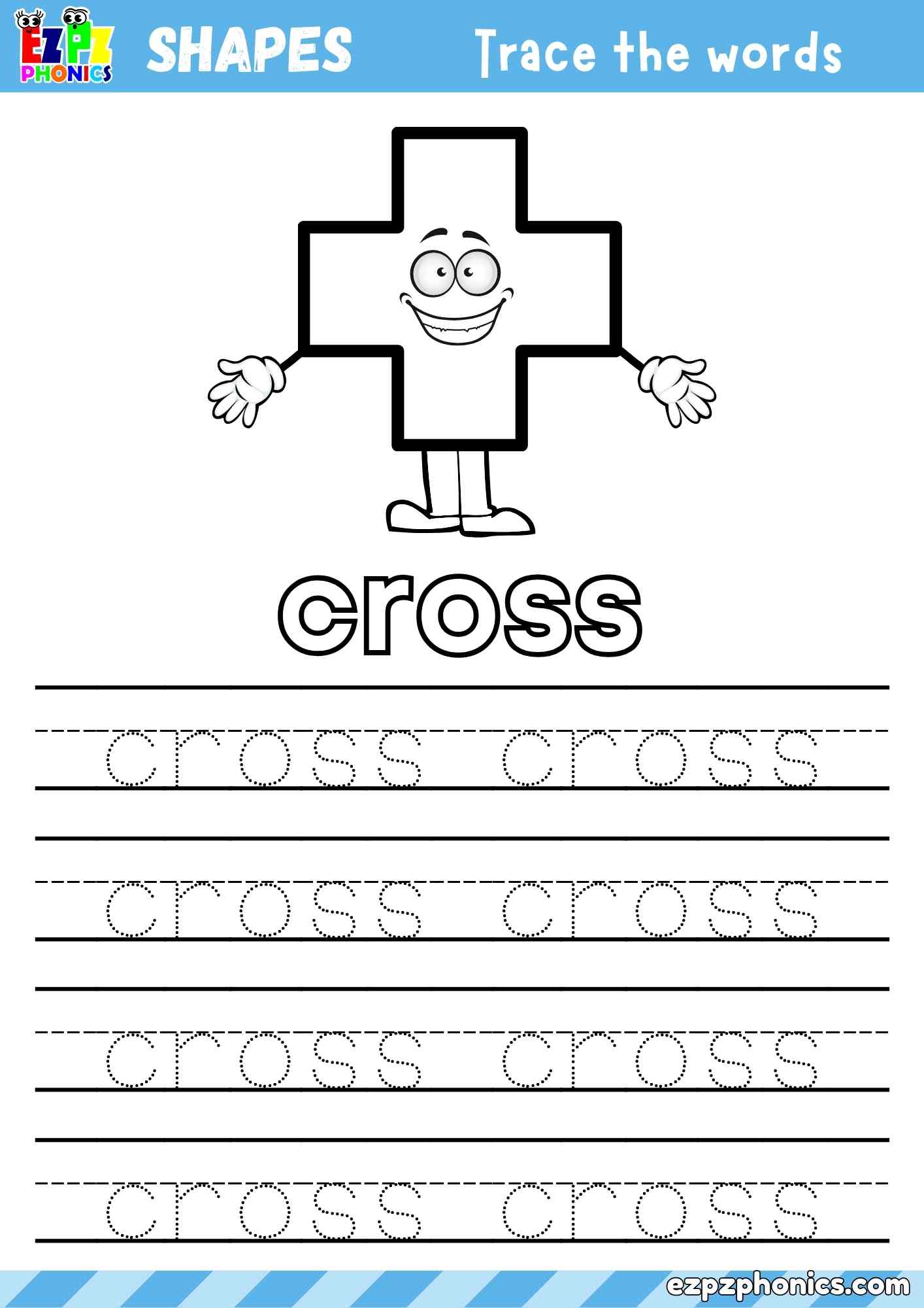 Cross Shape - Color the Shape and Trace Words Activity - ezpzphonics.com