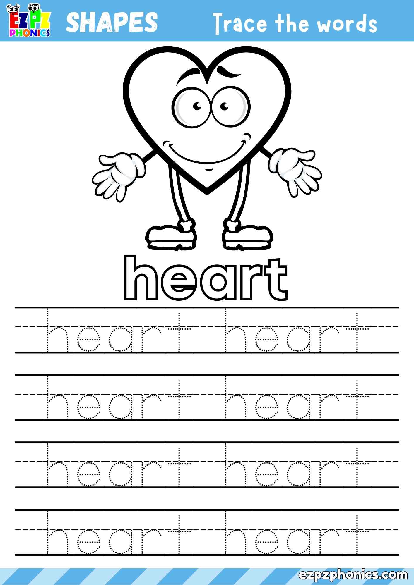 Heart Shape Color the Shape and Trace the Words Activity - ezpzphonics.com