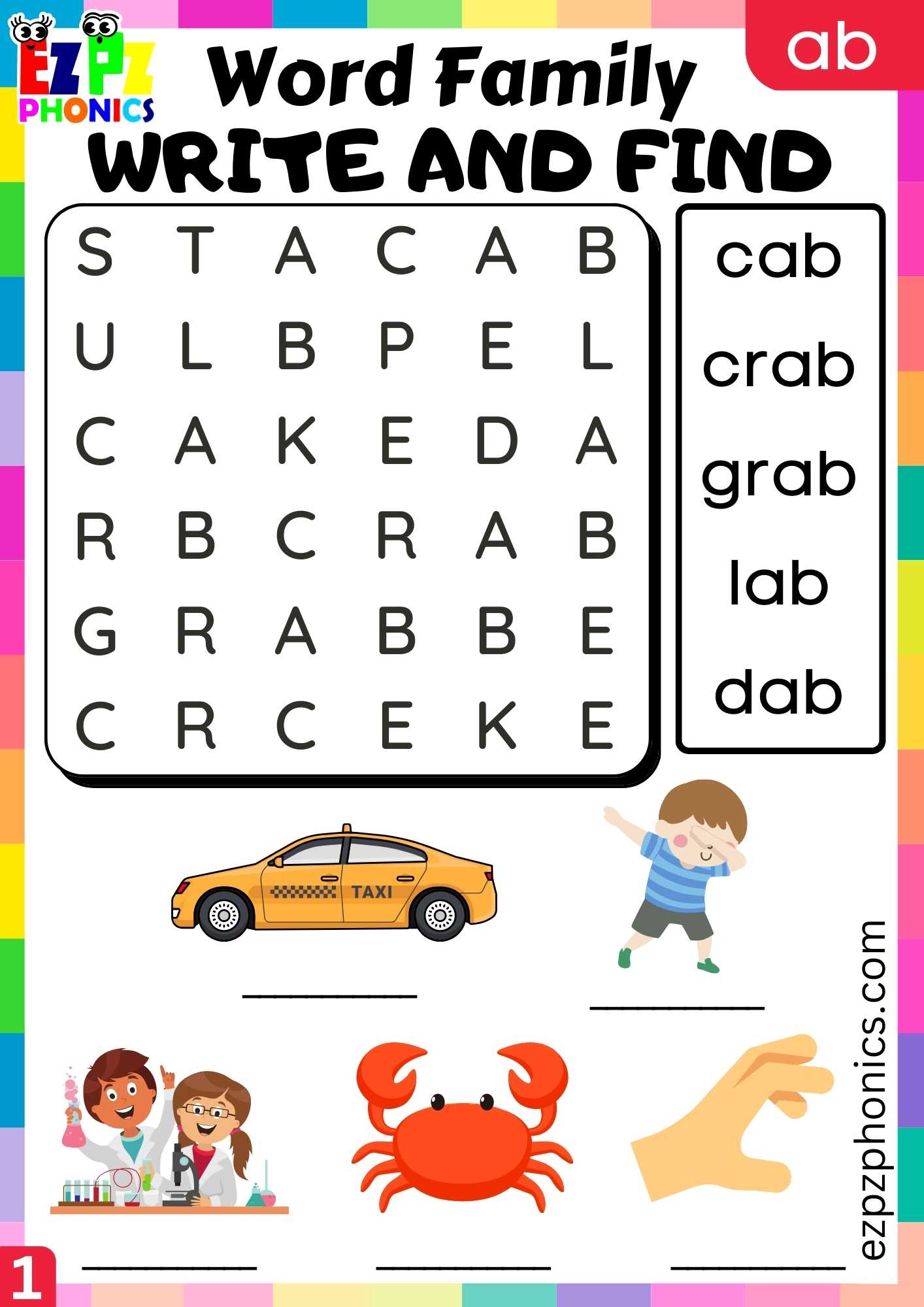 AB Words Write And Find Phonics Word Families Worksheet - ezpzphonics.com