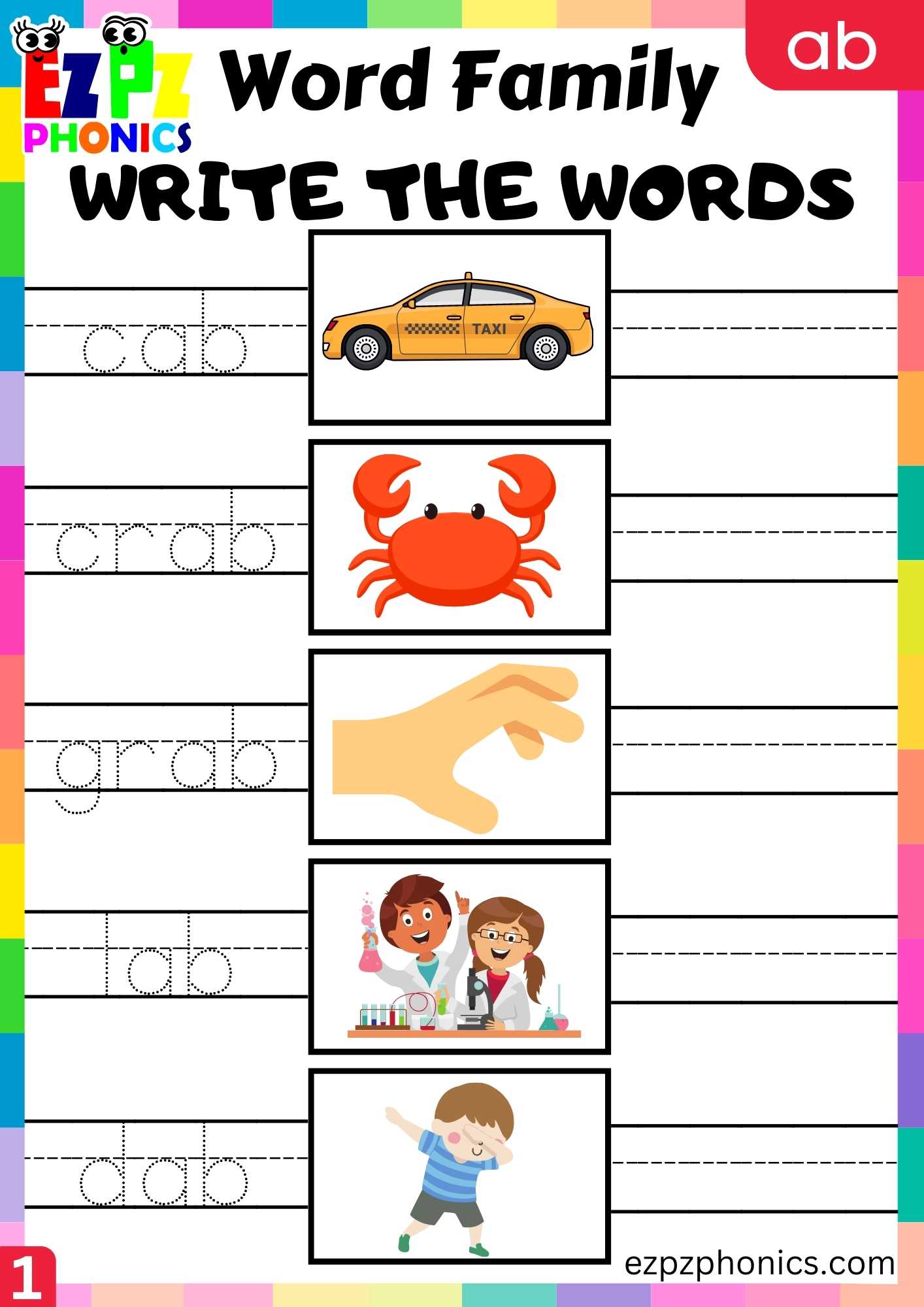AB Words Write The Words Phonics Word Families Worksheet - ezpzphonics.com