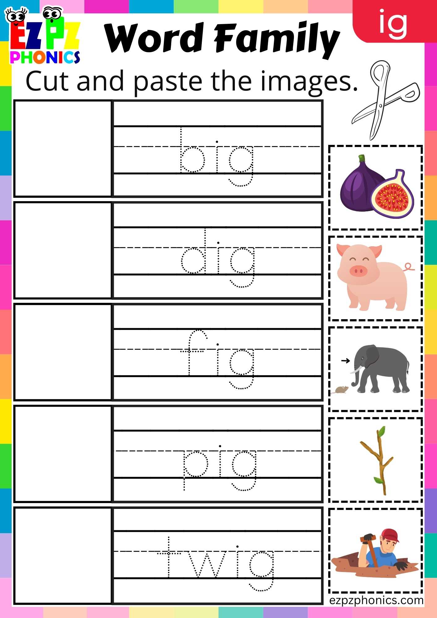 IG Words Cut And Paste The Images Phonics Word Families Worksheet ...