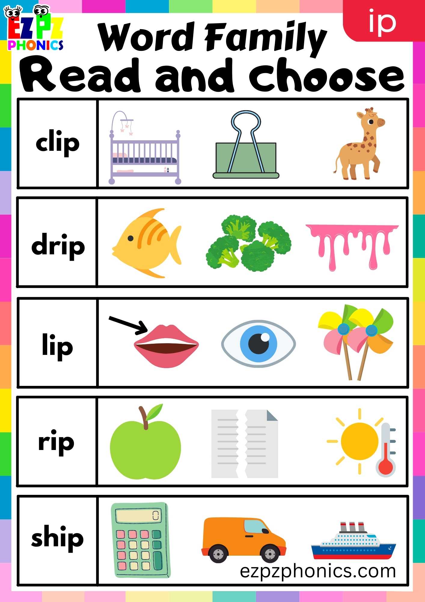 IP Words Read And Choose Phonics Word Families Worksheet - ezpzphonics.com