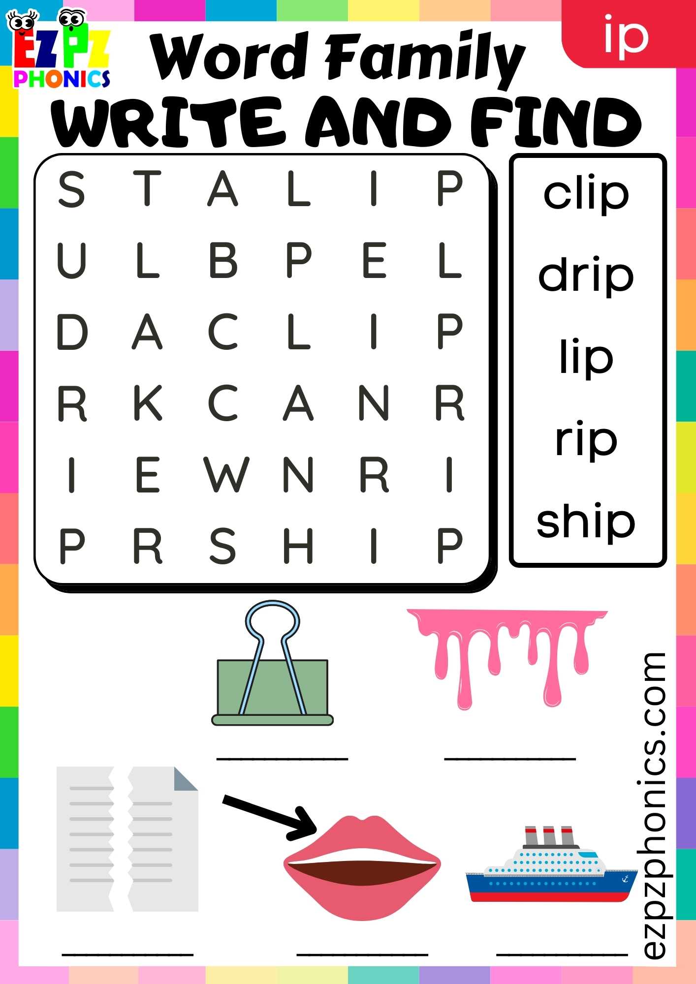 IP Words Write And Find Phonics Word Families Worksheet - ezpzphonics.com