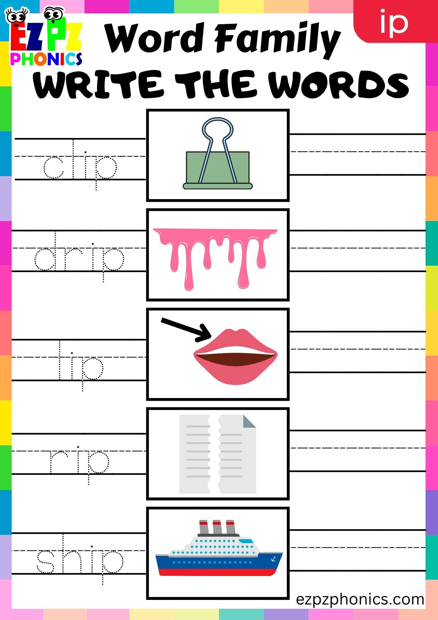 IP Words Write The Words Phonics Word Families Worksheet - ezpzphonics.com
