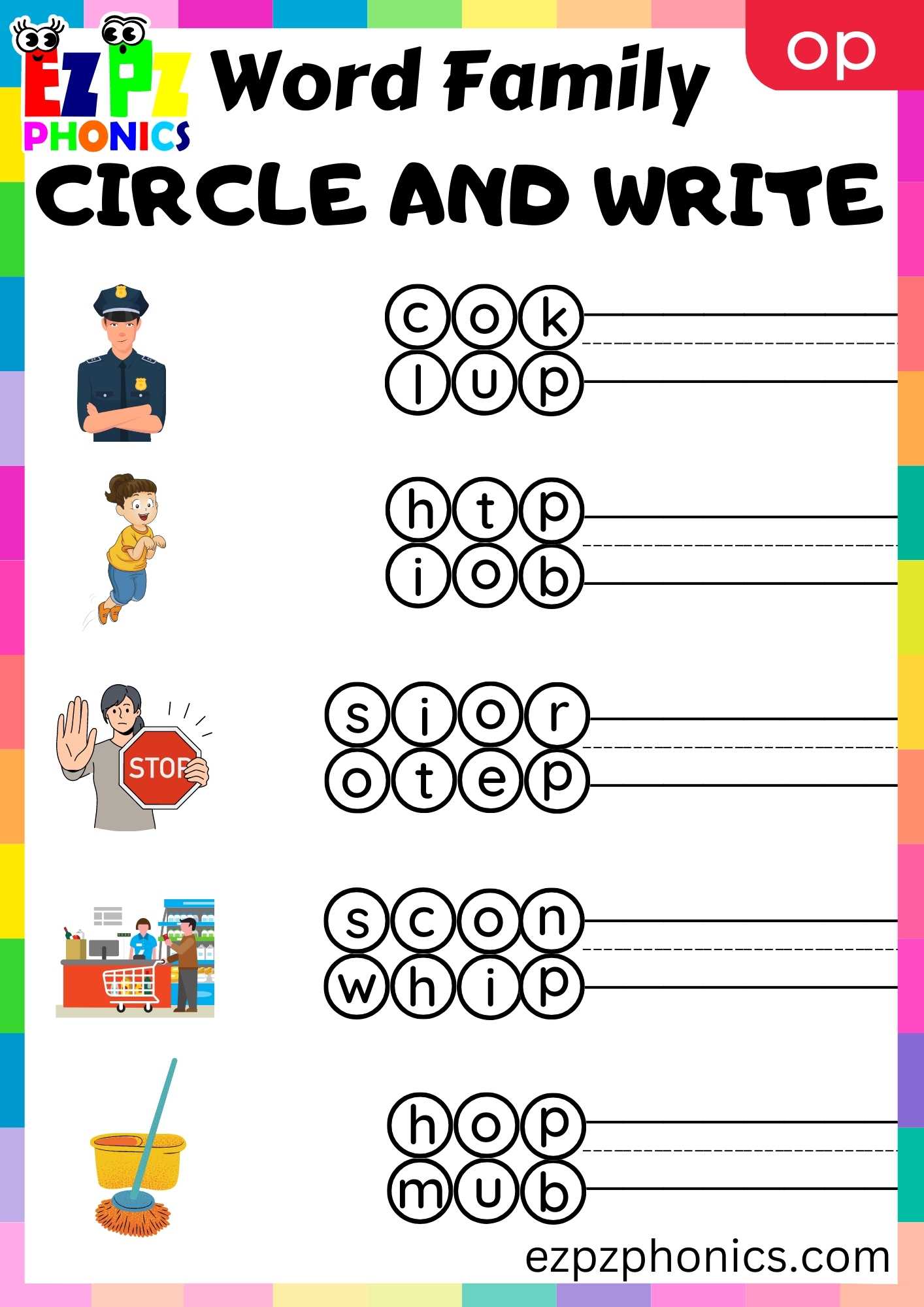 OP Words Circle And Write Phonics Word Families Worksheet - ezpzphonics.com