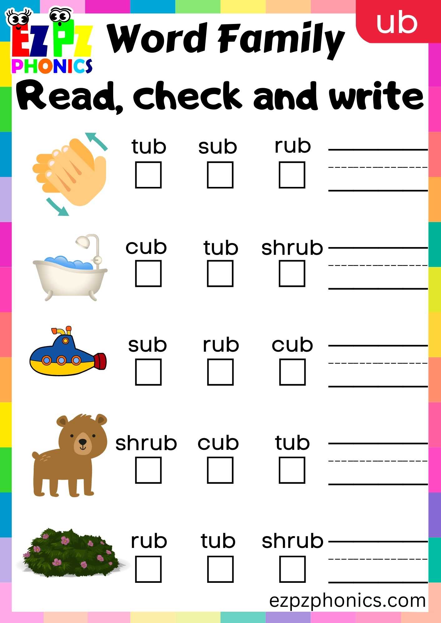 UB Words Read, Check And Write Phonics Word Families Worksheet ...