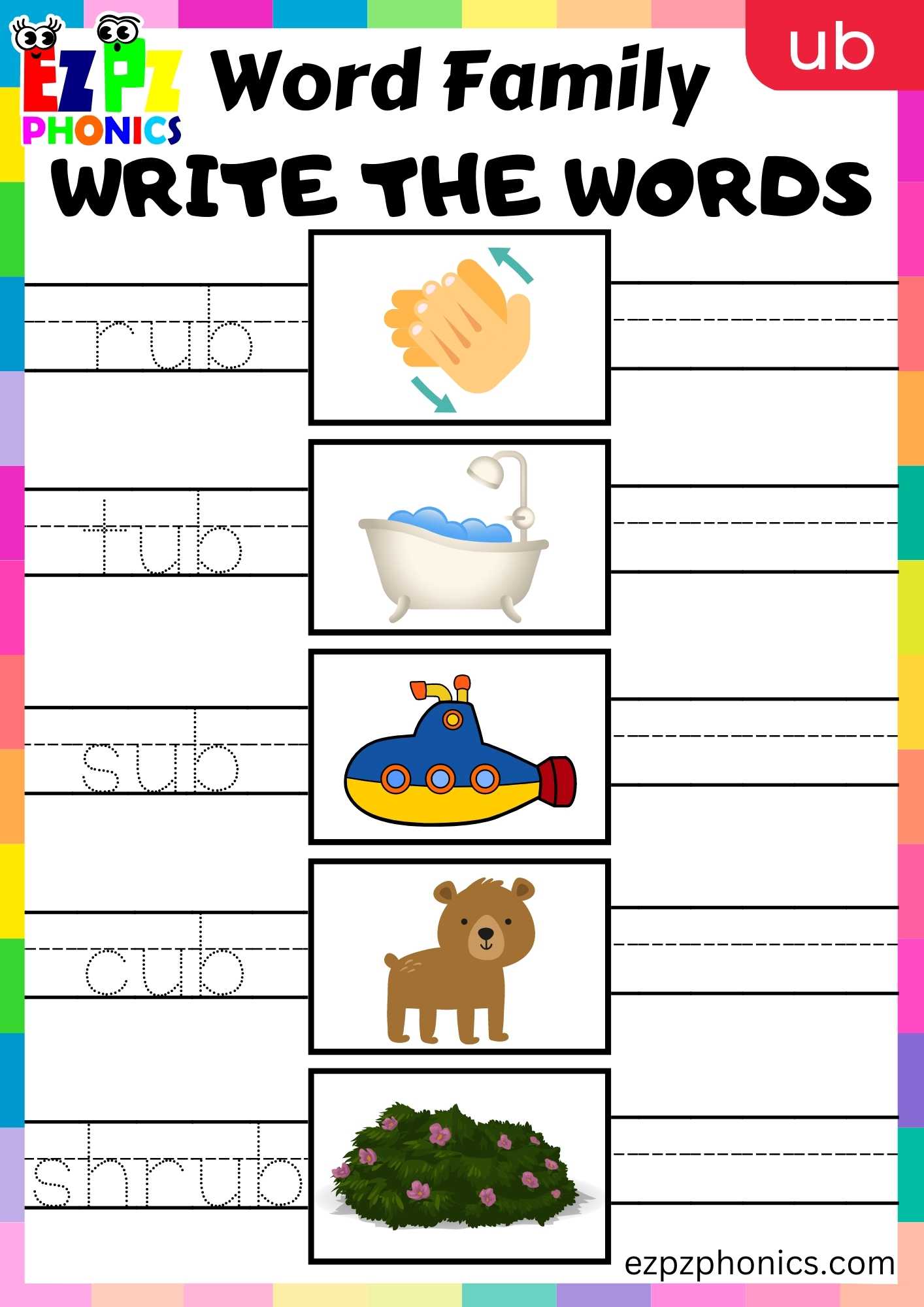 UB Words Write The Words Phonics Word Families Worksheet - ezpzphonics.com